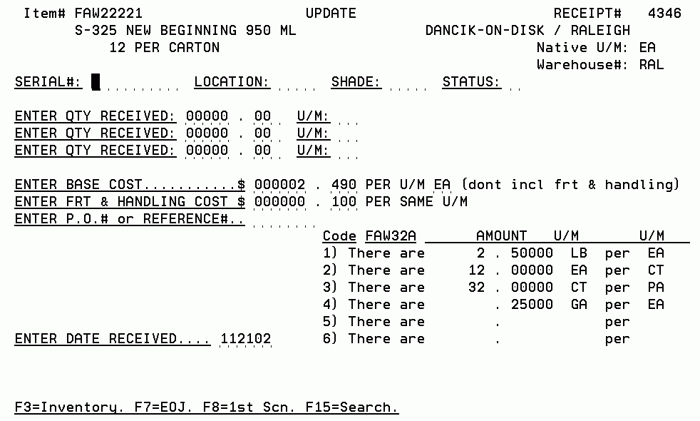 Inventory Receipts by Item Number - INV 5